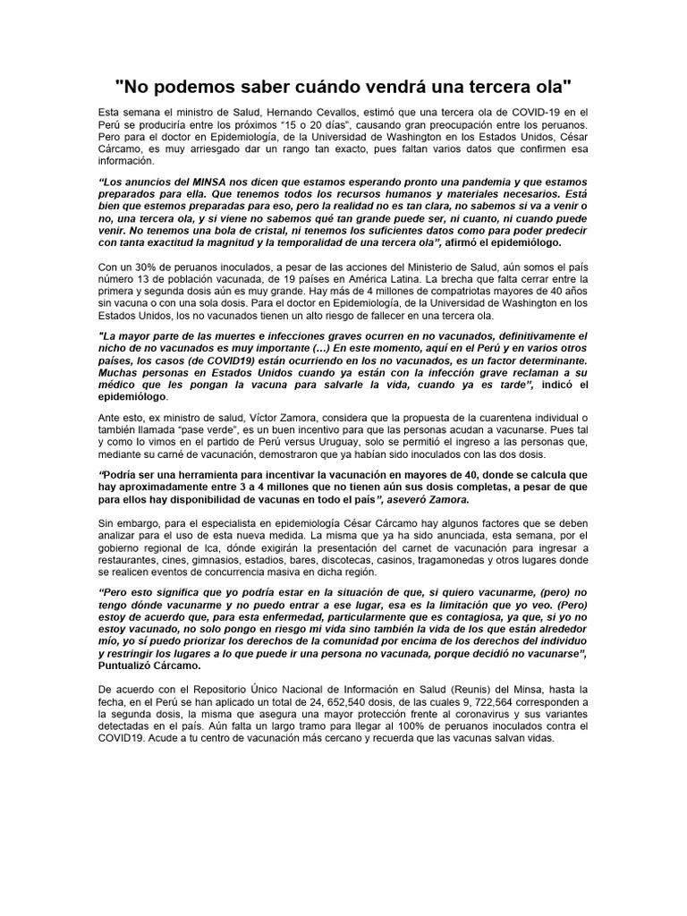NP 24.09.2021 No Podemos Saber Cuándo Vendrá Una Tercera Ola | PDF ... NP 24.09.2021 No Podemos Saber Cuándo Vendrá Una Tercera Ola | PDF ...