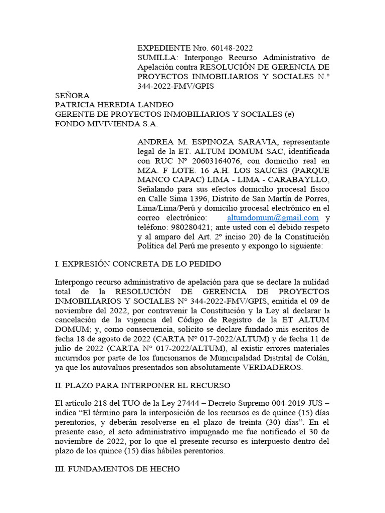EXPEDIENTE Nro 60148-2022_Recurso Administrativo de Apelación contra RESOLUCIÓN DE GERENCIA DE ...