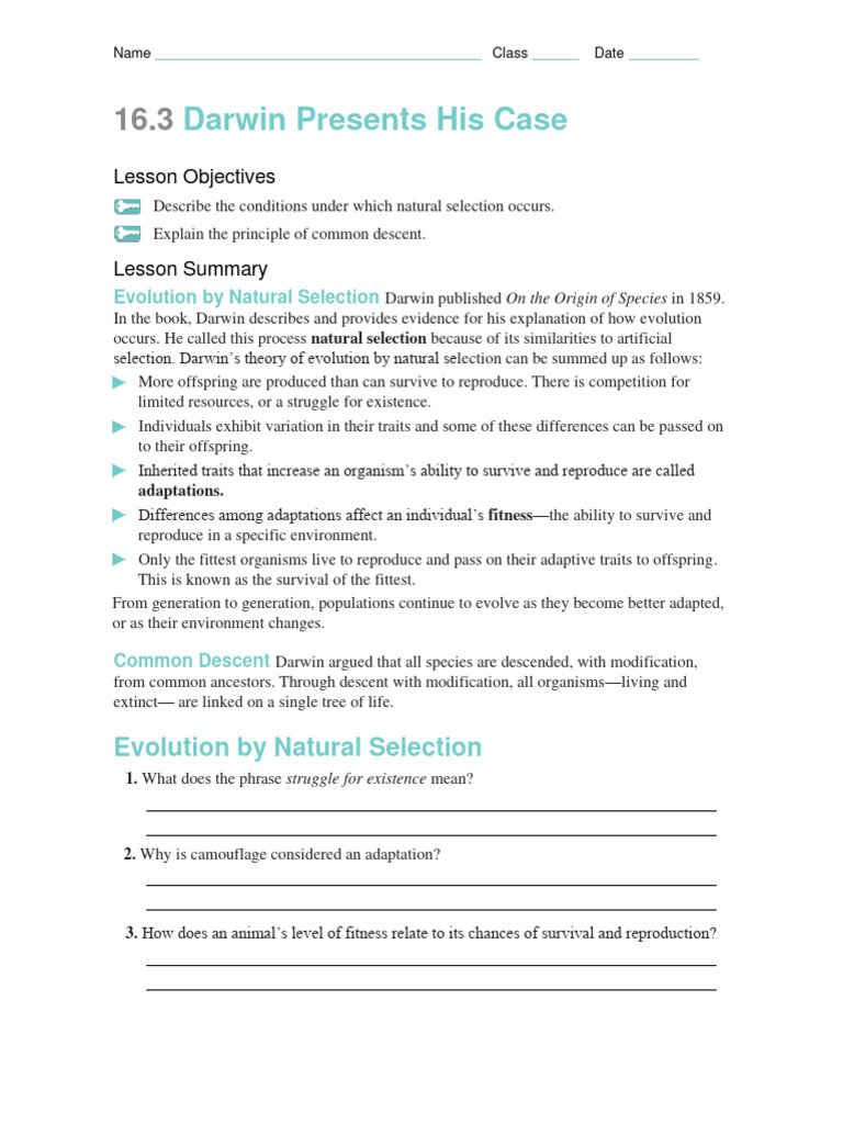 16.3 Darwin Presents His Case | PDF | Natural Selection | Evolution