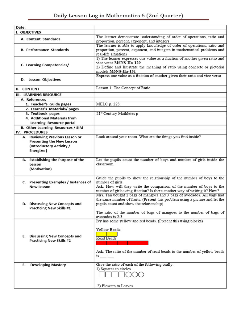 Math 6 Week 1 Day 1 | PDF | Ratio | Learning