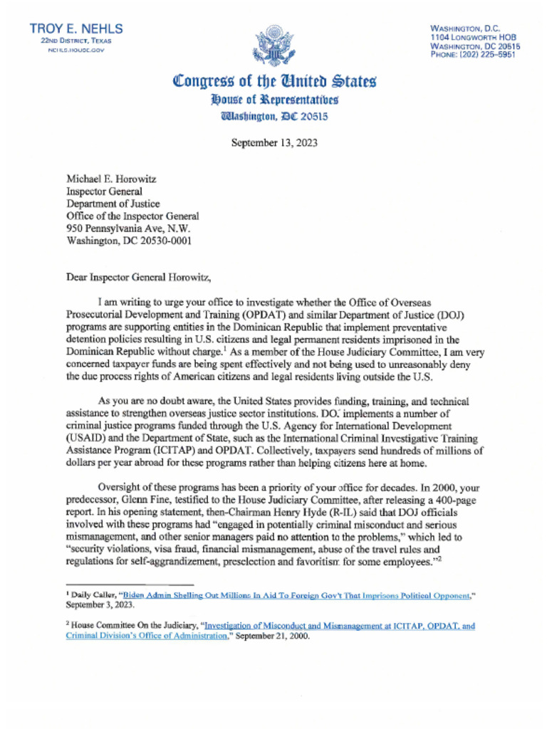 Rep. Nehls Letter To Inspector General Horowitz 09.13.23 | PDF
