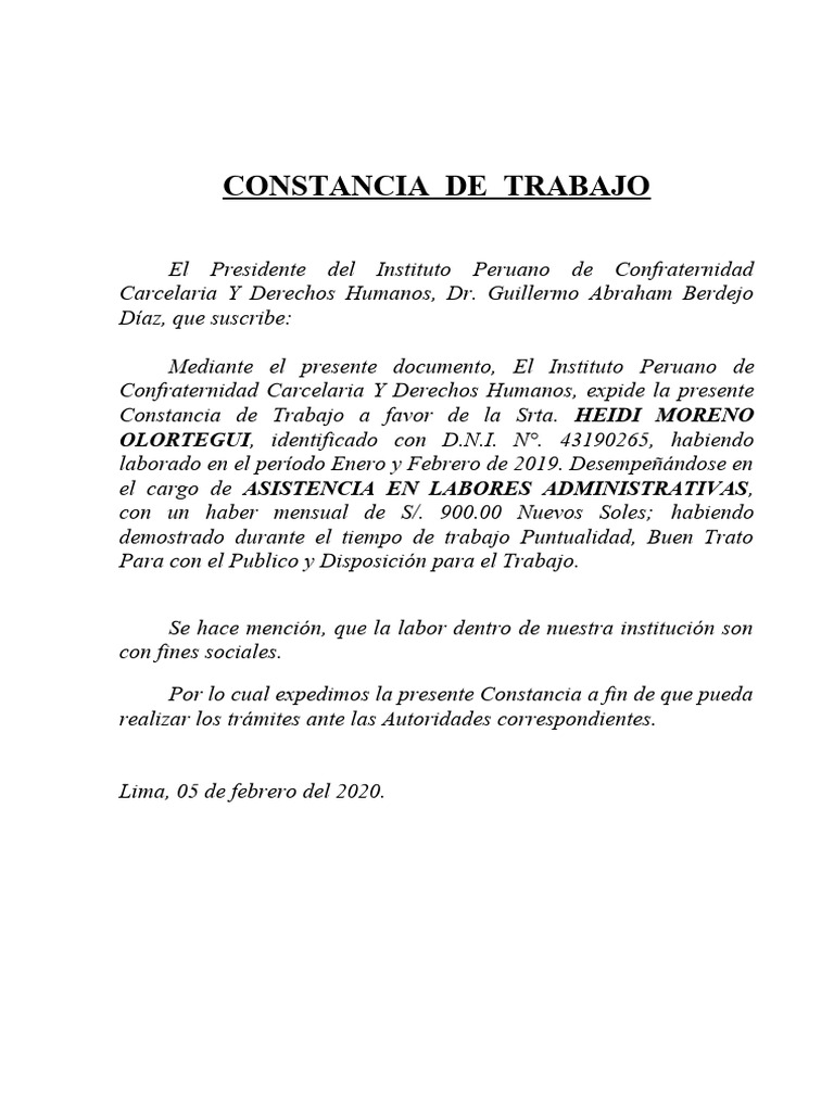 Constancia de Trabajo para Heidi Moreno | PDF