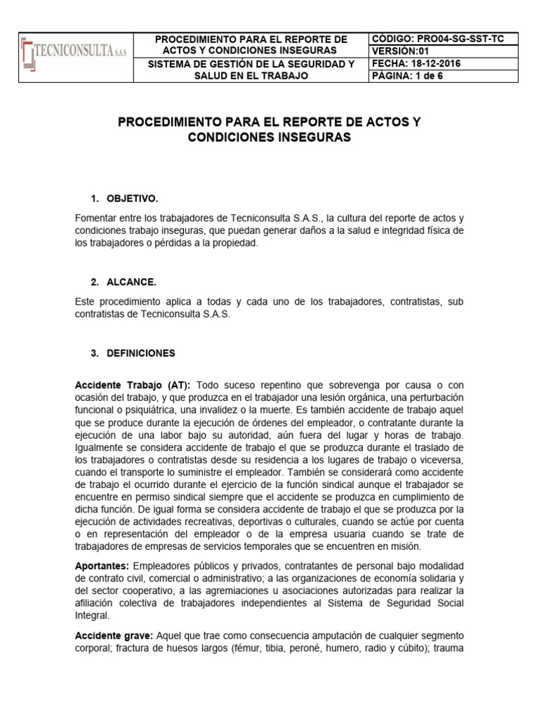 Procedimiento Reporte Actos y Condiciones Inseguras | PDF