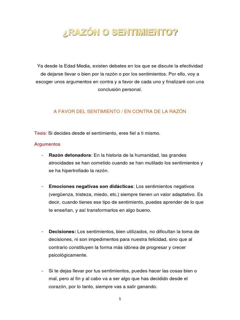 RAZÓN O SENTIMIENTO | PDF | Razón | Las emociones