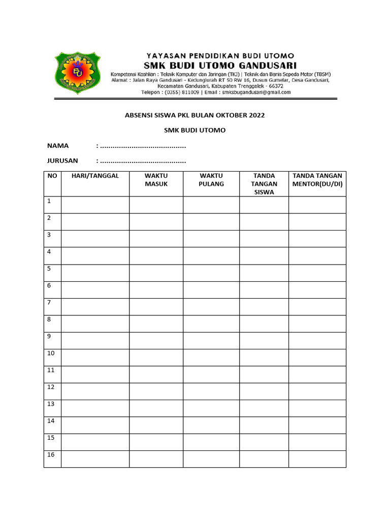 ABSENSI - SISWA - PKL - SMK Budiutomo | PDF