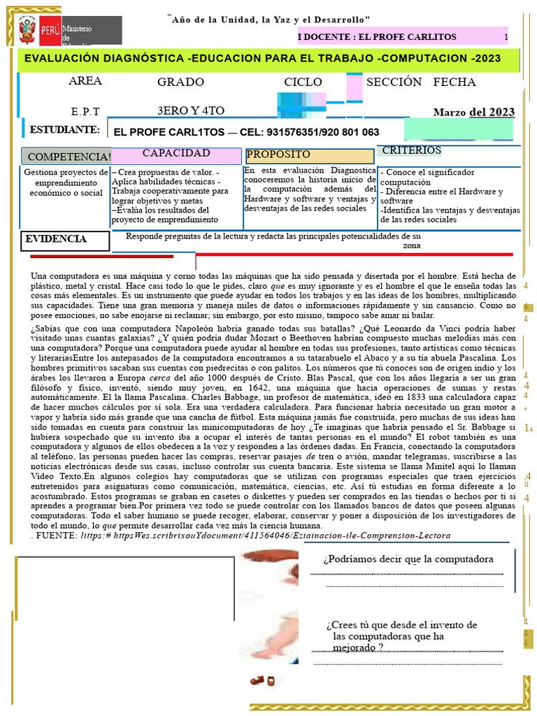 Evaluacion Diagnostica - 3ero y 4to Grado-Ept - Computacion - 00001 | PDF | Internet | Evaluación