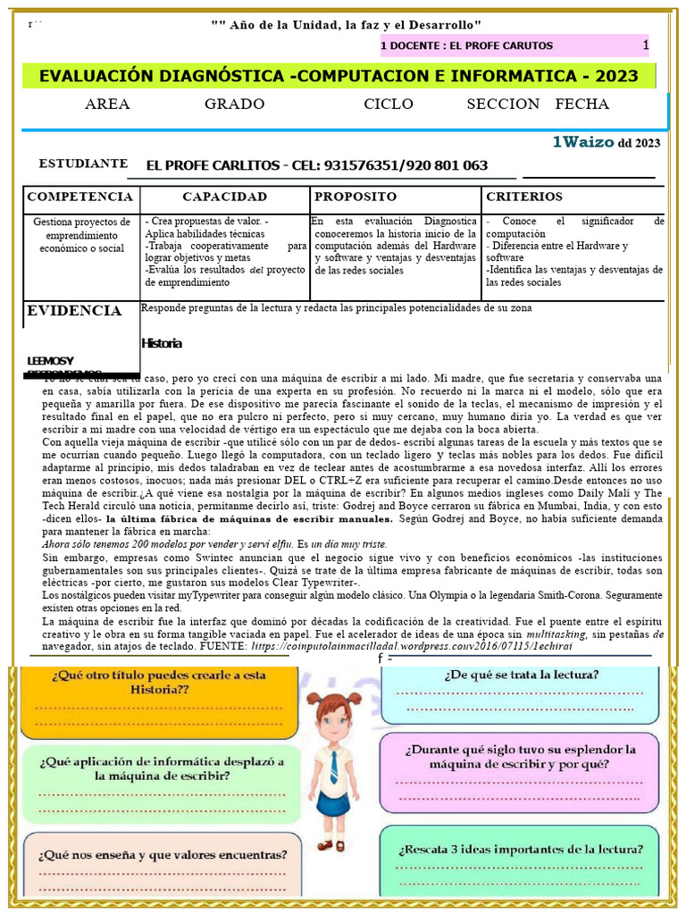 Evaluacion Diagnostica - 1ero y 2do Grado-Ept - Computacion - 00001 | PDF | Máquina de escribir ...