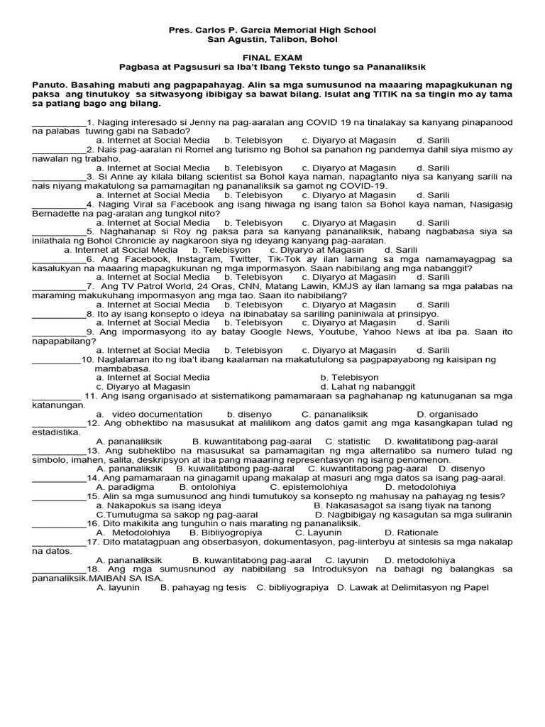 Final Exam Pagbasa 2023 | PDF