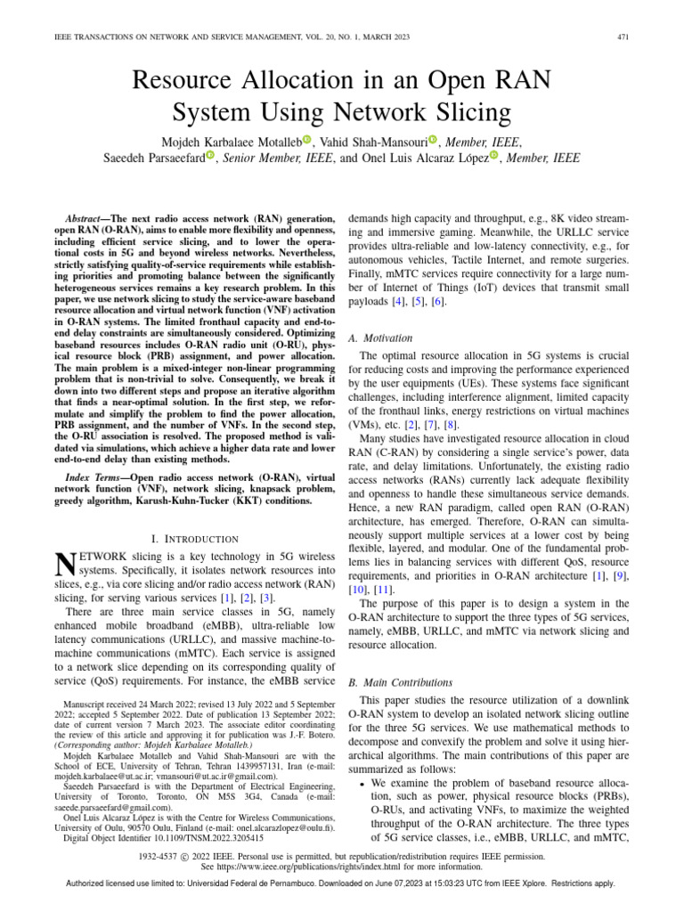 Paper 6 Resource Allocation In An Open Ran System Using Network Slicing Pdf Computer Network 