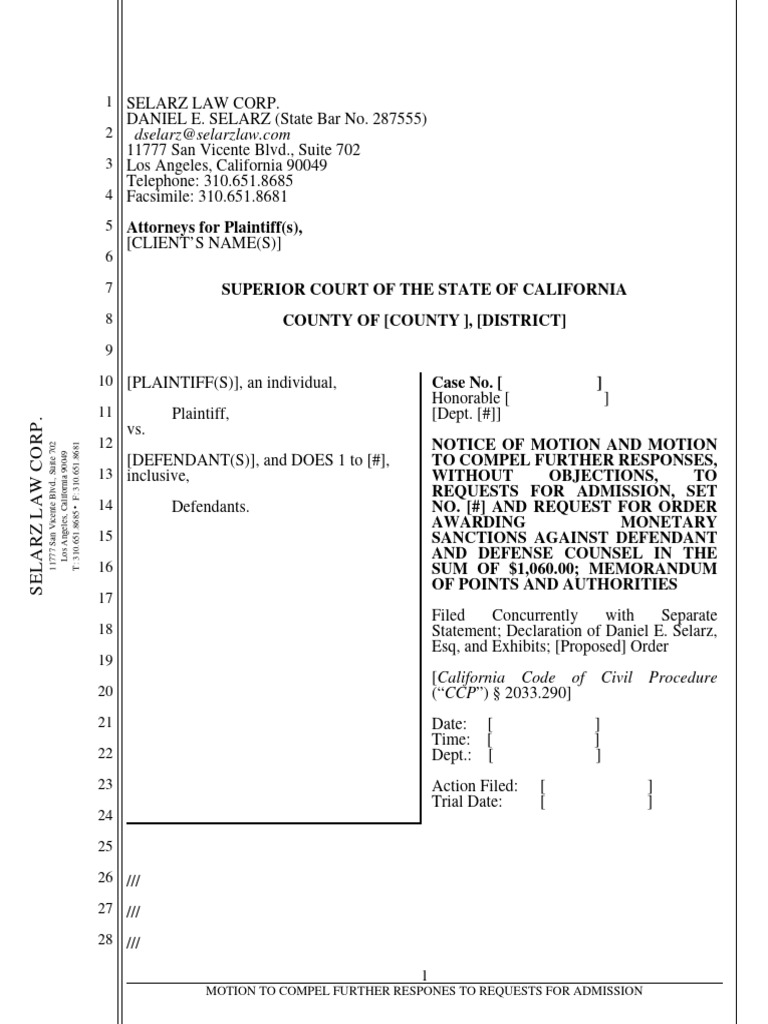 Motion To Compel Further Responses To Request For Admissions | PDF | Discovery (Law ...