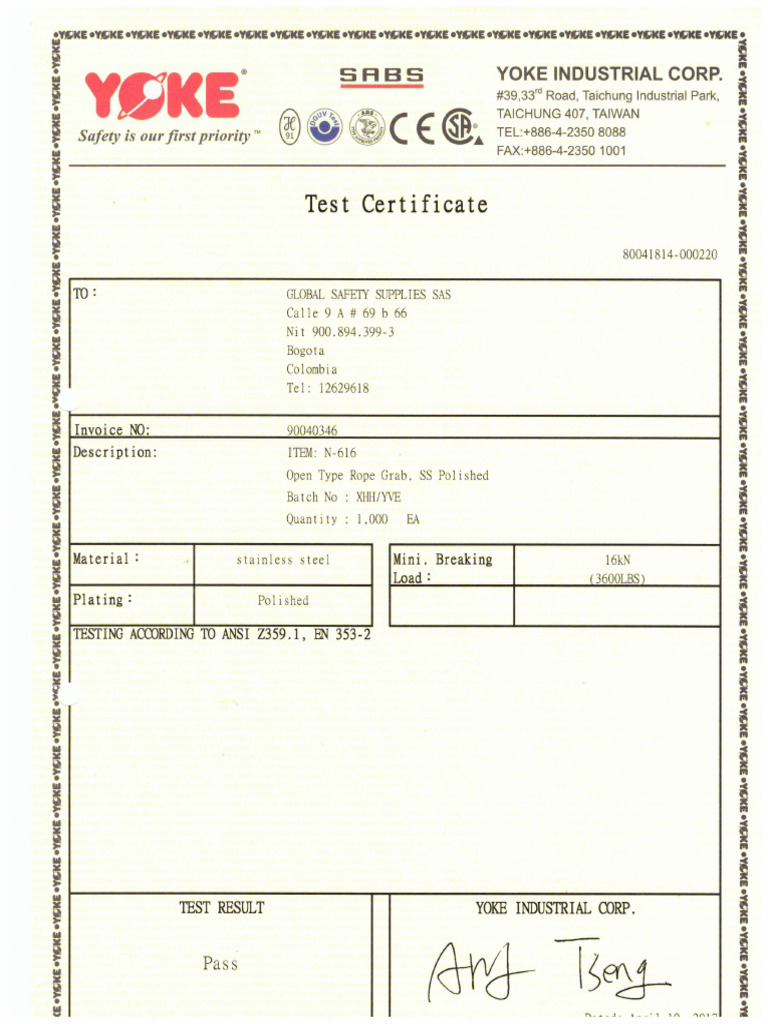 Certificado Freno N-616 | PDF