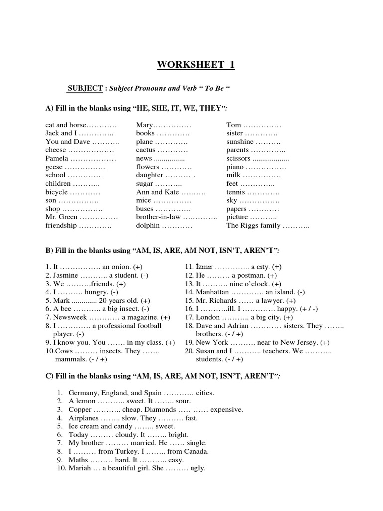 Worksheet Verb To Be and Pronouns | PDF