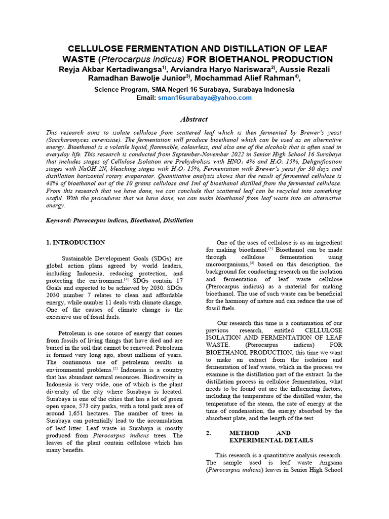 Cellulose Fermentation and Distillation of Leaf Waste | PDF | Ethanol | Yeast