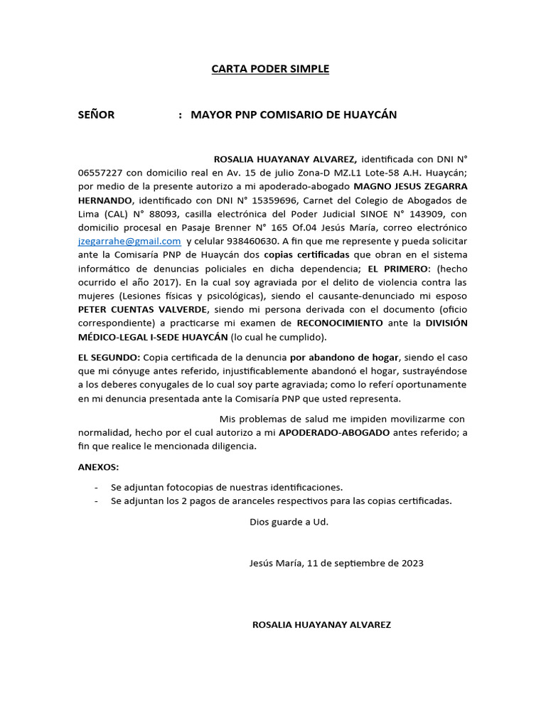Carta Poder Simple. Comisaría de Huaycán... | PDF