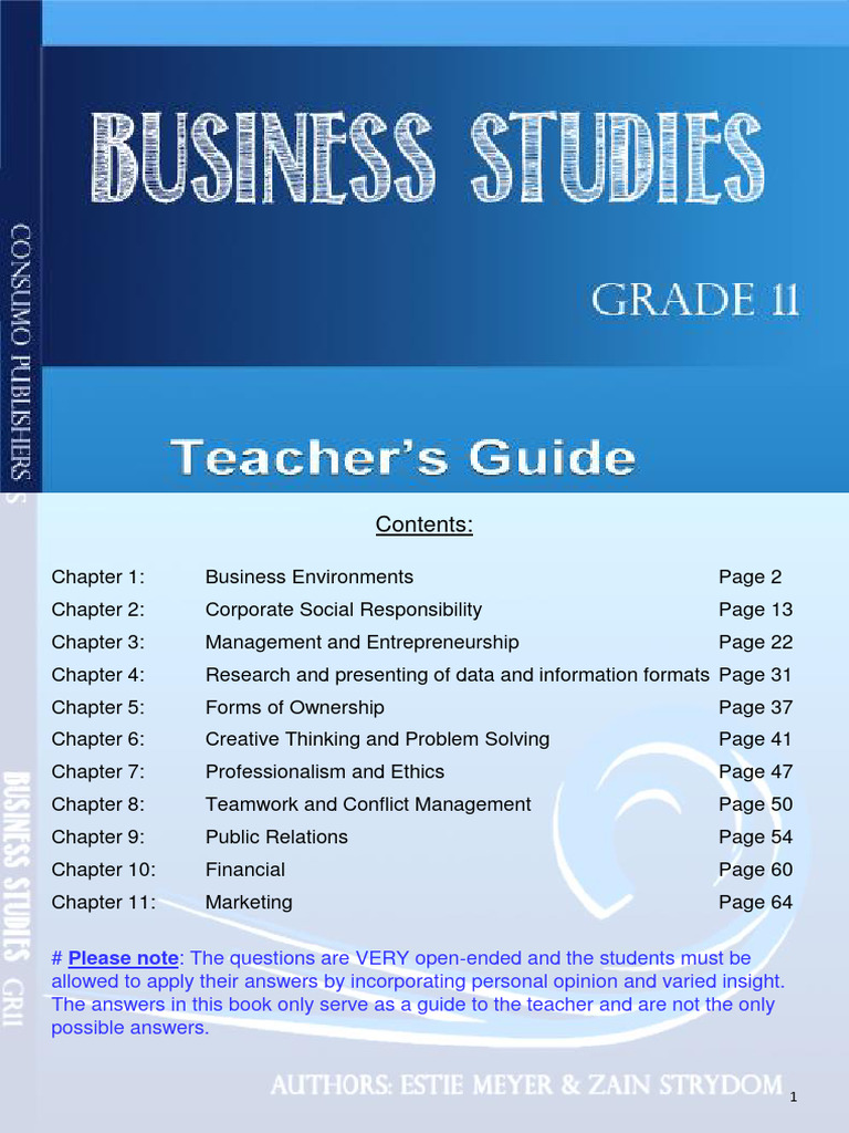 Grade 11 Business Studies Teacher's Guide | PDF | Corporate Social ...
