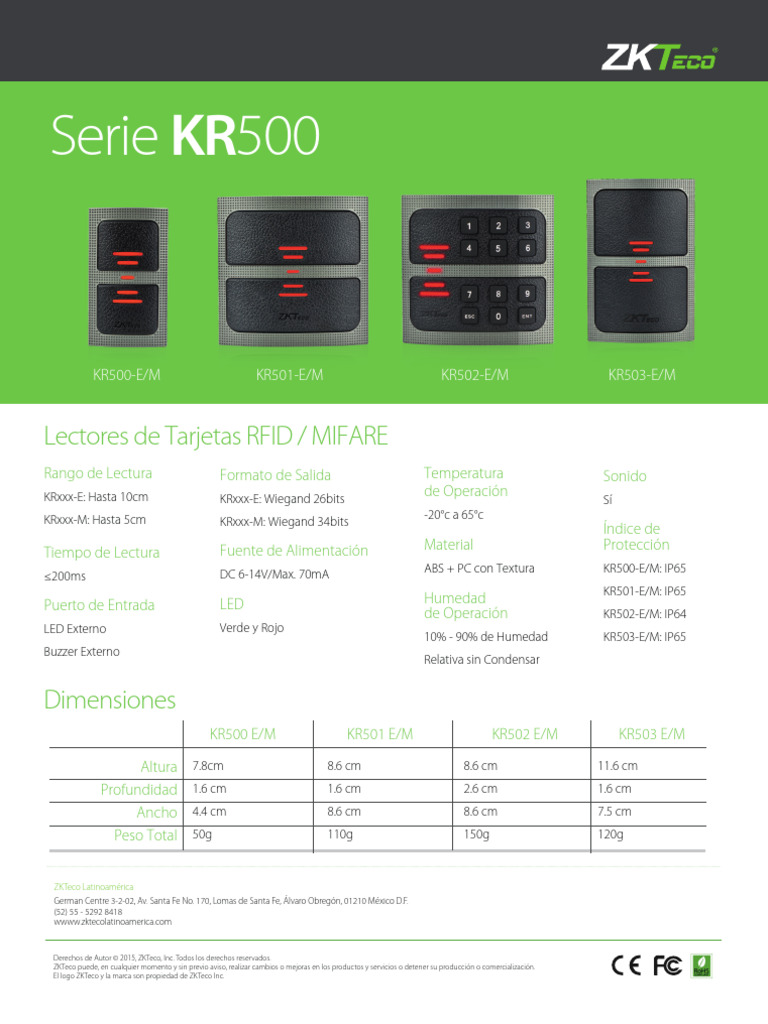 Especificaciones de la Serie KR500 ZKTeco | PDF | Tecnología