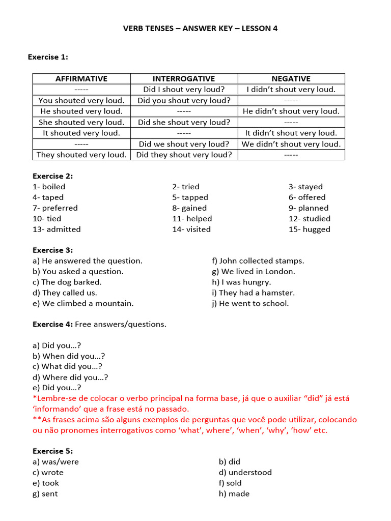Verb Tenses - Answer Key - Lesson 4 | PDF | Question | Linguistic ...