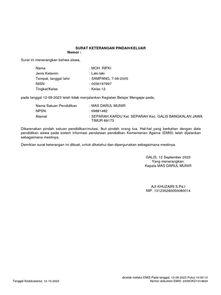 Mutasi Keluar - Surat Keterangan - MOH. RIFKI | PDF