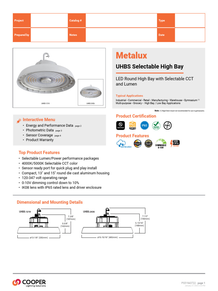 Metalux Uhbs Round Selectable Highbay Specsheet | PDF | Electrical ...