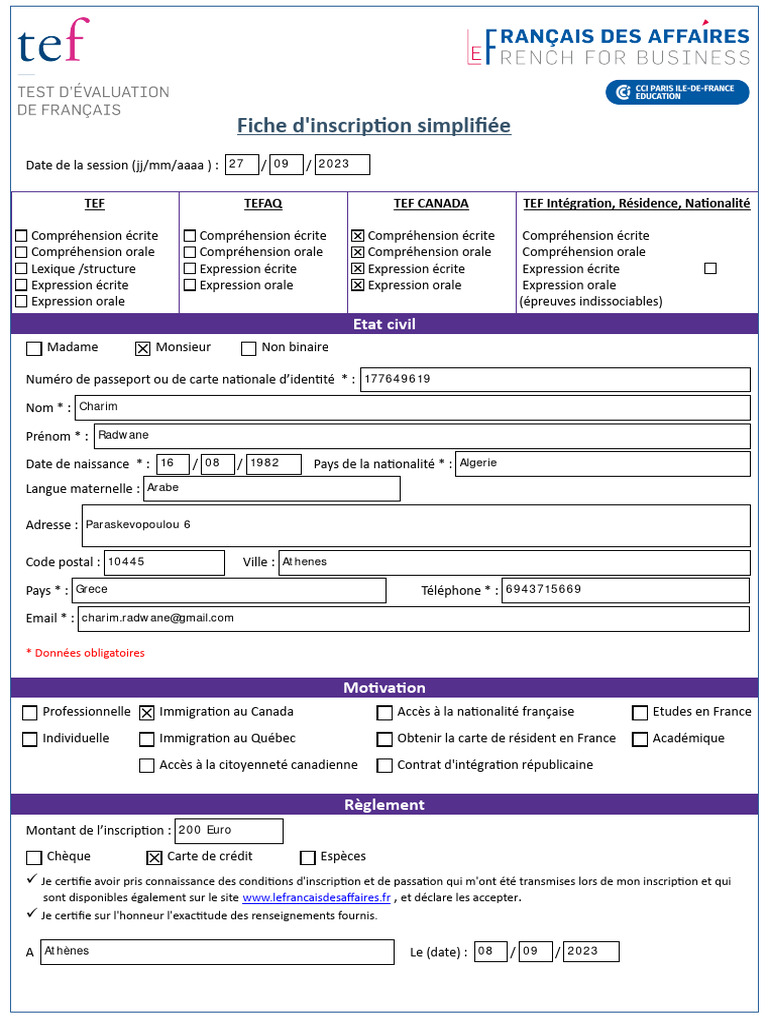 Fiche Inscription Tef 2023 | PDF