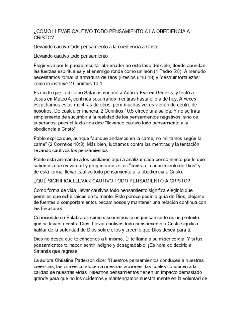 Cómo Llevar Cautivo Todo Pensamiento A La Obediencia A Cristo Sermon | PDF | Cristo (título ...