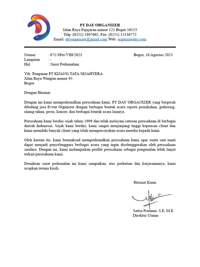 Surat Perkenalan PT DAY ORGANIZER | PDF