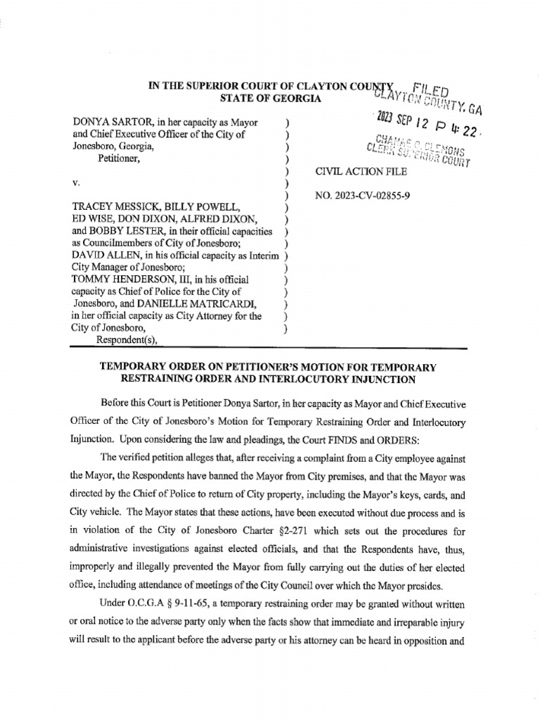 Temporary Restraining Order Filing Jonesboro Mayor | PDF