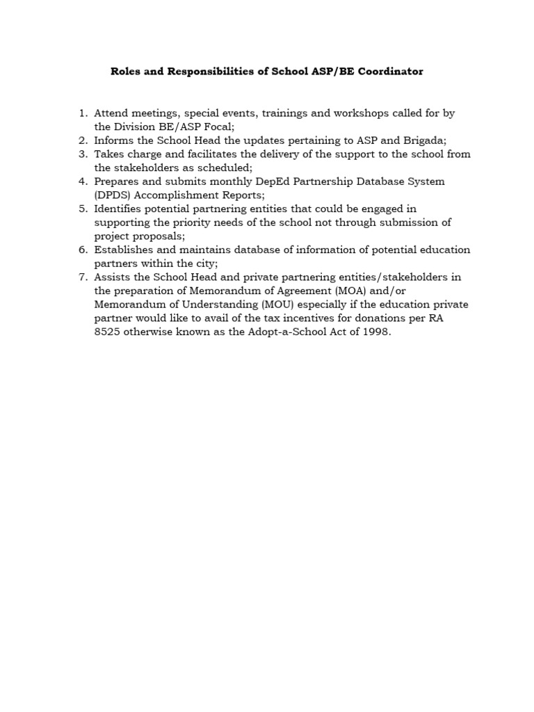 Roles and Responsibilities of School ASP | PDF