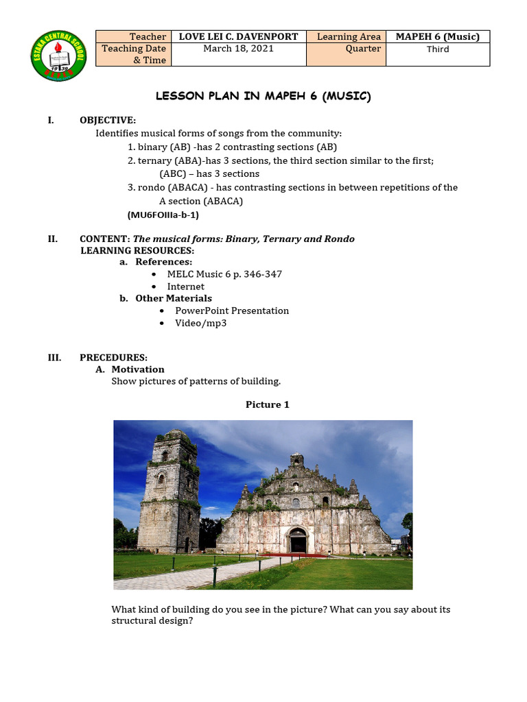 Lesson Plan For Music | PDF | Musical Forms | Elements Of Music