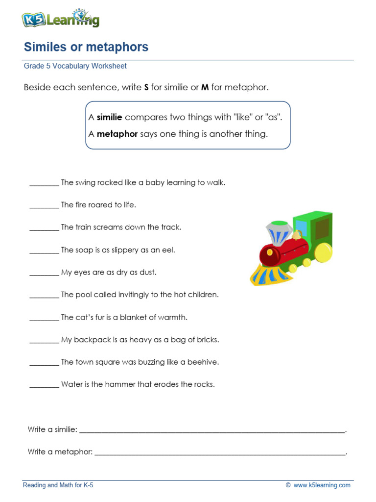 Grade 5 Simile and Metaphor Worksheet | PDF