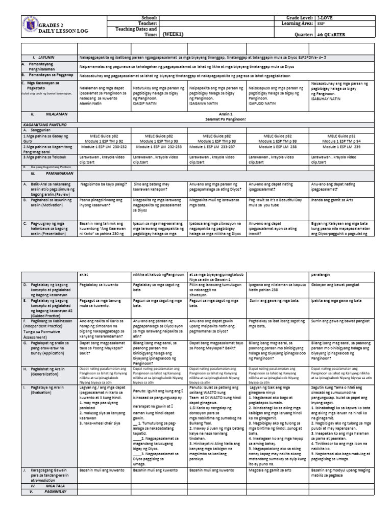 DLL All SUBJECTS-G2 Q4 WEEK1 | PDF
