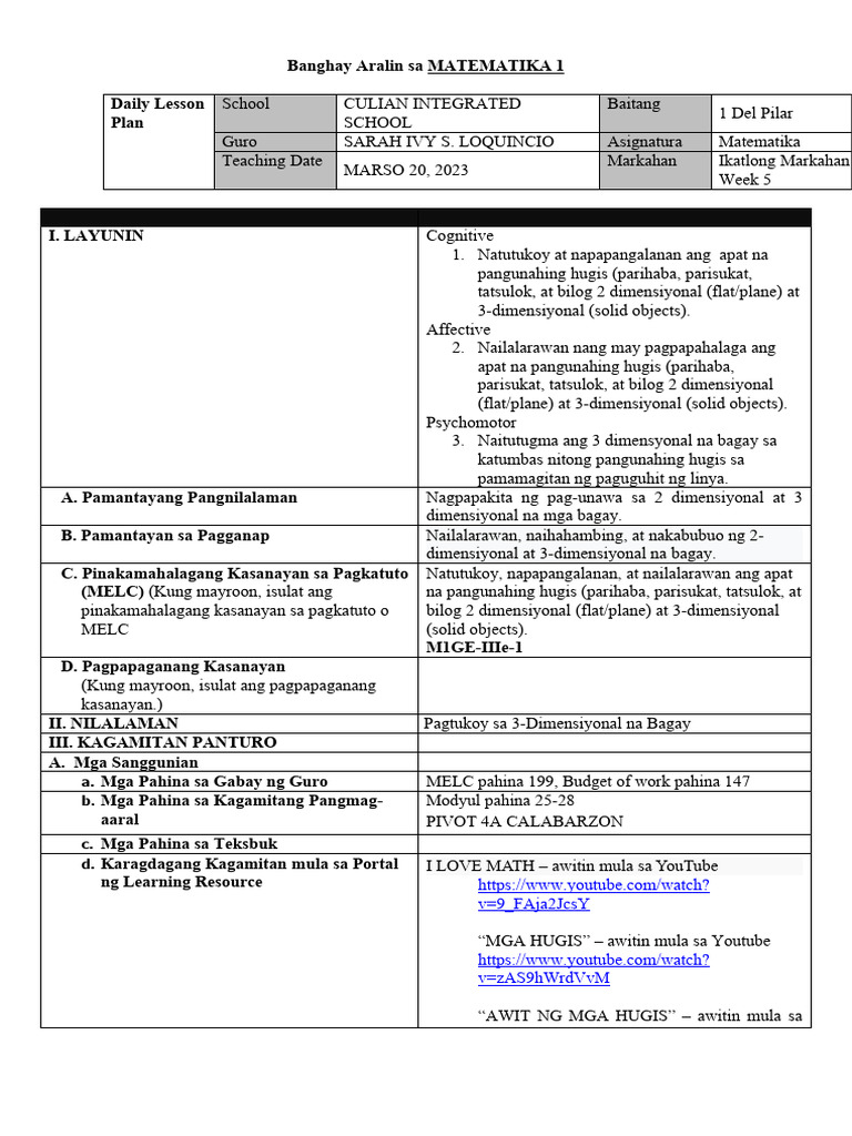 Cot Daily Lesson Plan Math Week 5 Sarah | PDF