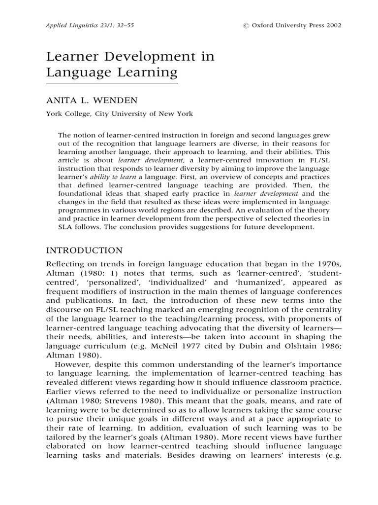 Wenden, A. L. - Learner Development | PDF | Second Language Acquisition | Learning
