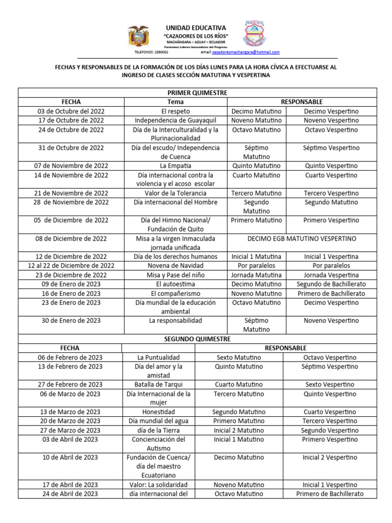 Fechas y Responsables de La Hora Civica | PDF