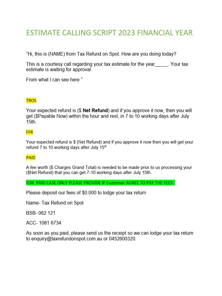 Estimate Calling Script 2023 Financial Year | PDF | Tax Refund | Fee