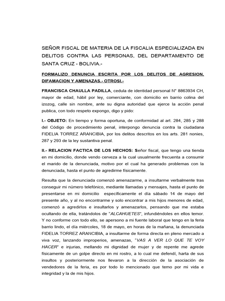 MODELO de Denuncia Penal Escrita | PDF | Caso de ley | Principios éticos