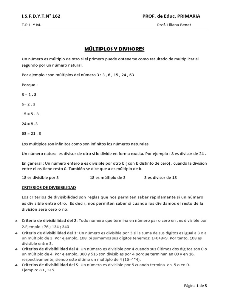 Múltiplos y Divisores: Guía Práctica | PDF | División (Matemáticas ...