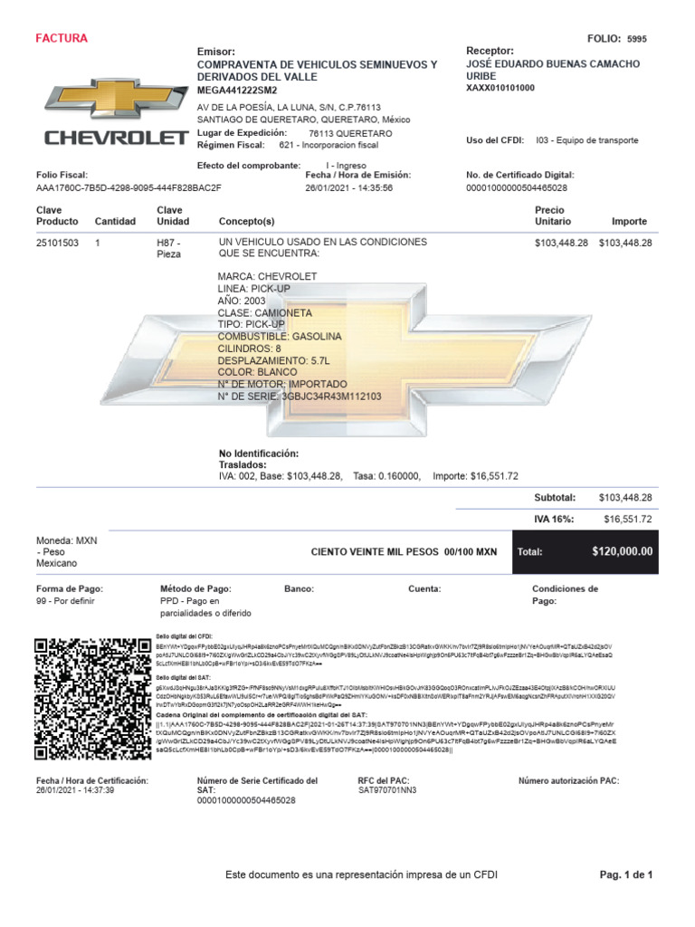 Factura Chevrolet | PDF | Factura | Vehículos