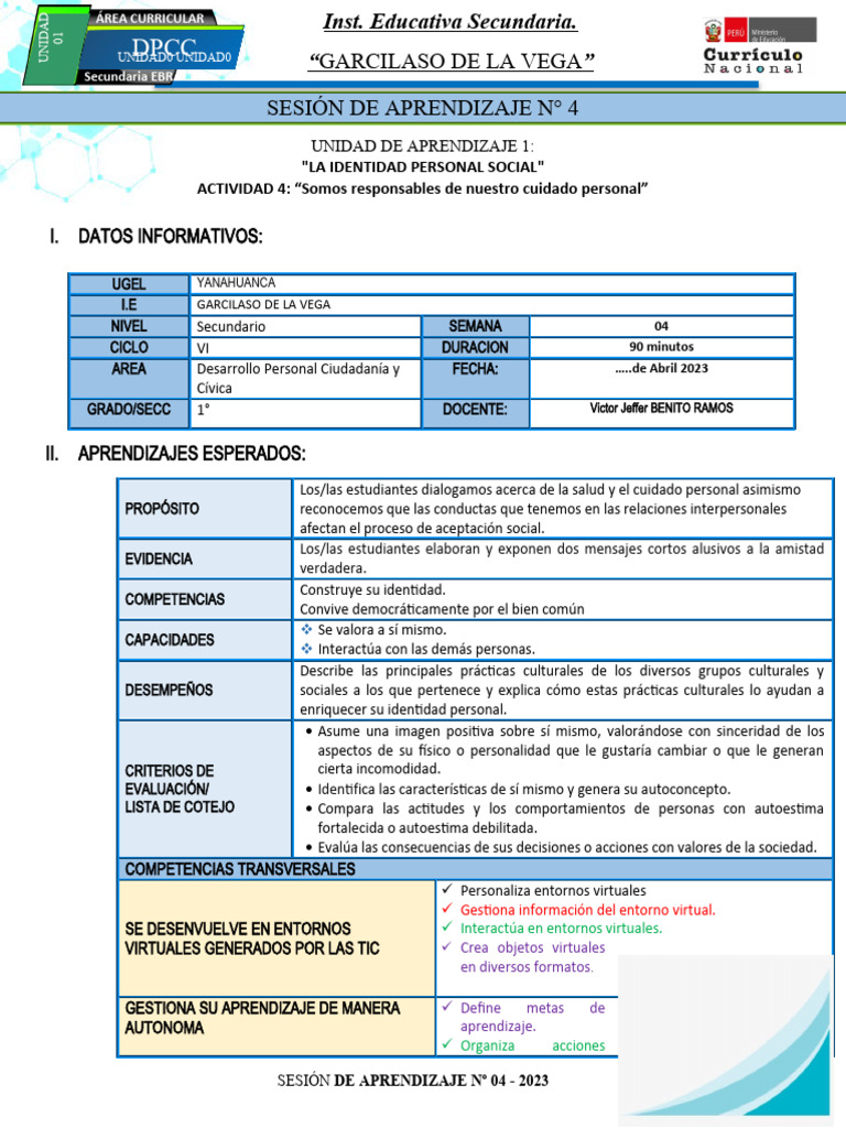 1º DPCC Sesion de Aprendizaje | PDF | Aprendizaje | Evaluación