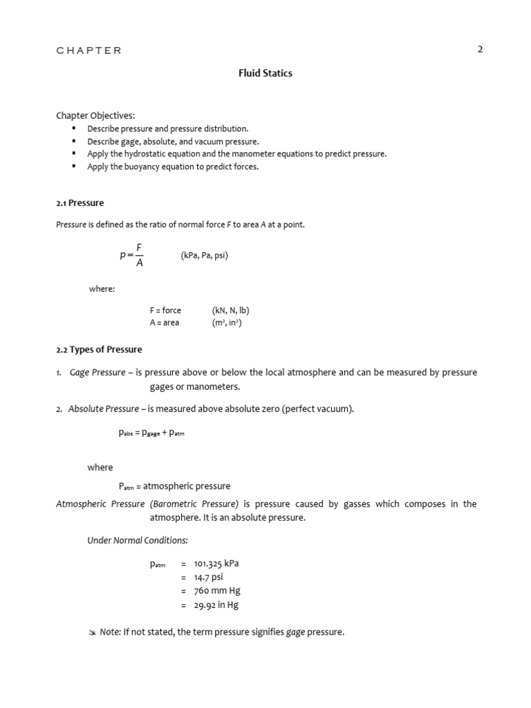 Chapter 2 Fluid Statics | Download Free PDF | Buoyancy | Pressure