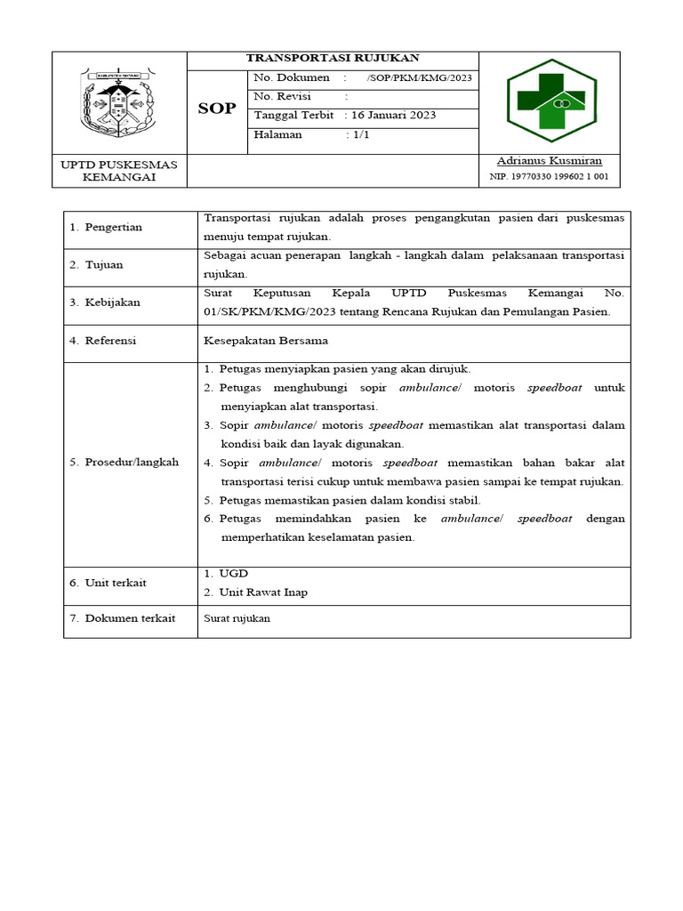 SOP Transportasi Rujukan | PDF