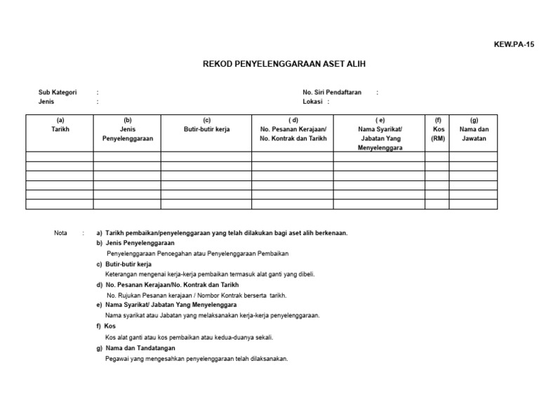 Kew - Pa-15 - Rekod Penyelenggaraan Aset Alih | PDF