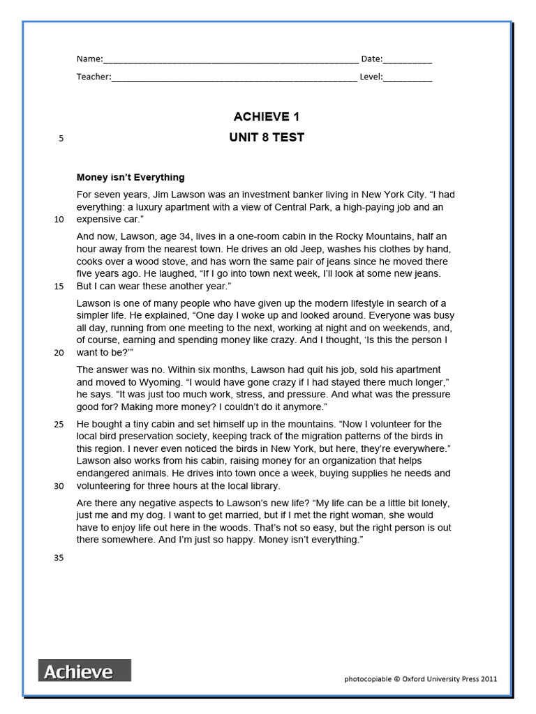 Achieve 1 Unit 8 Test | PDF