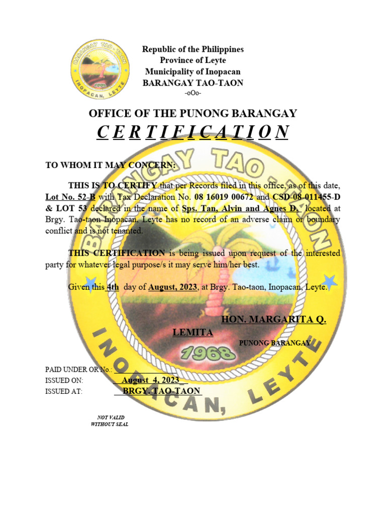 Barangay Certification of Lot Status | PDF