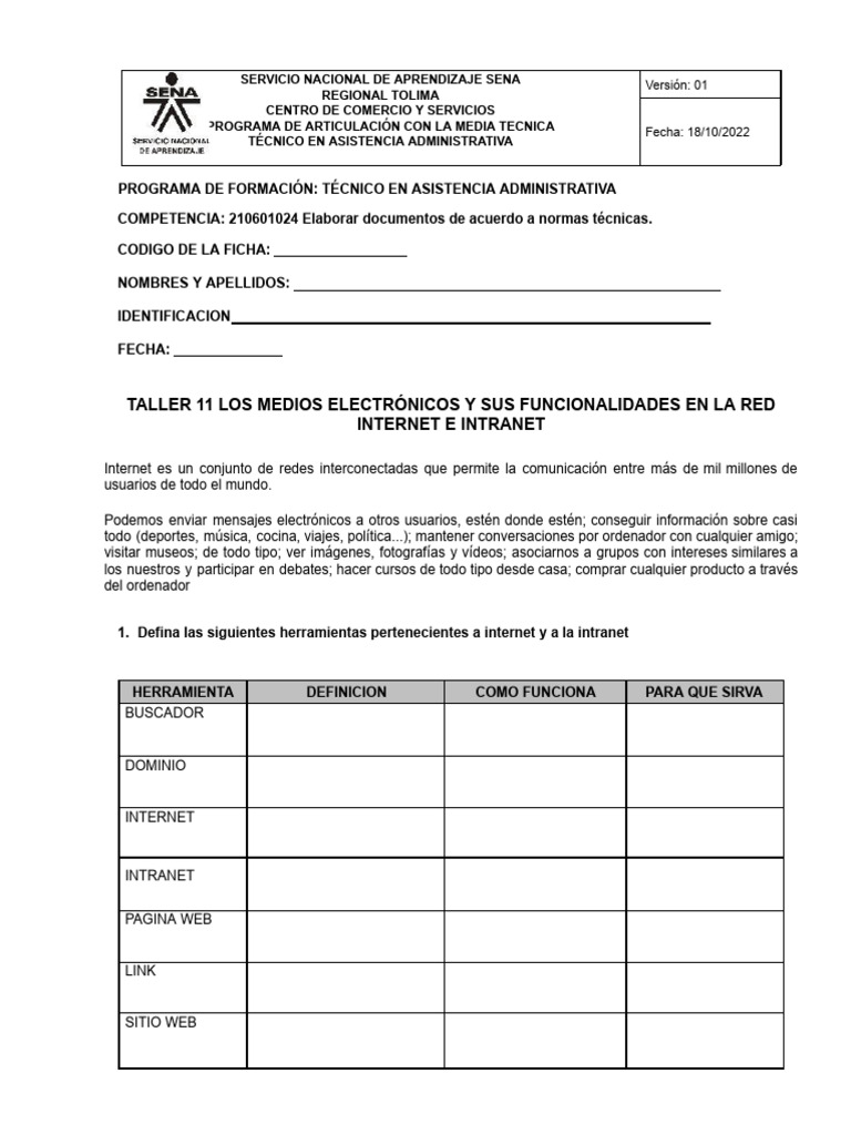 Taller 11 Los Medios Electrónicos y Sus Funcionalidades en La Red Internet e Intranet | PDF ...