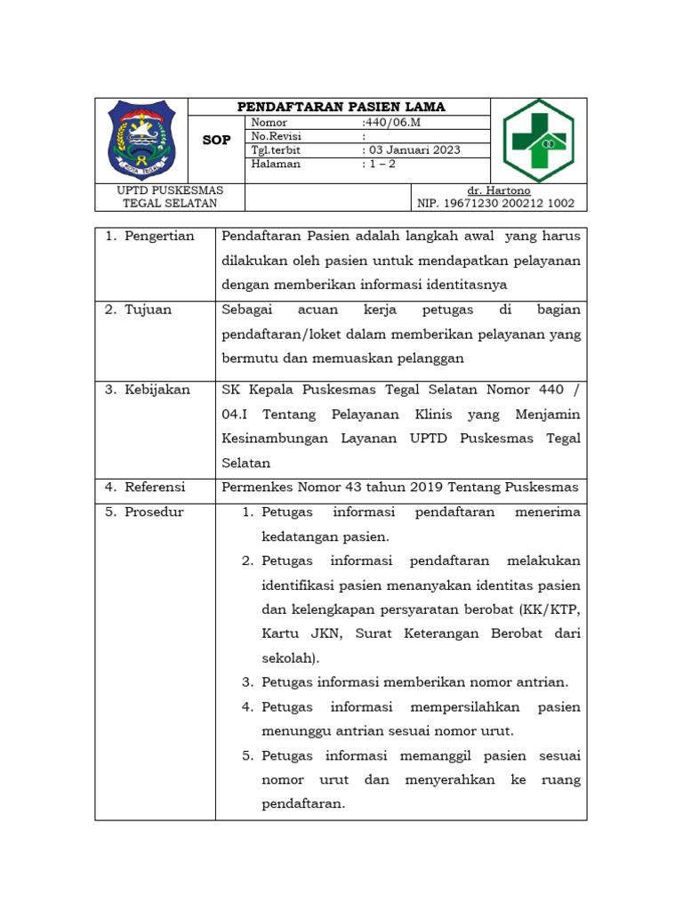 Sop Pendaftaran Pasien Lama PTS | PDF