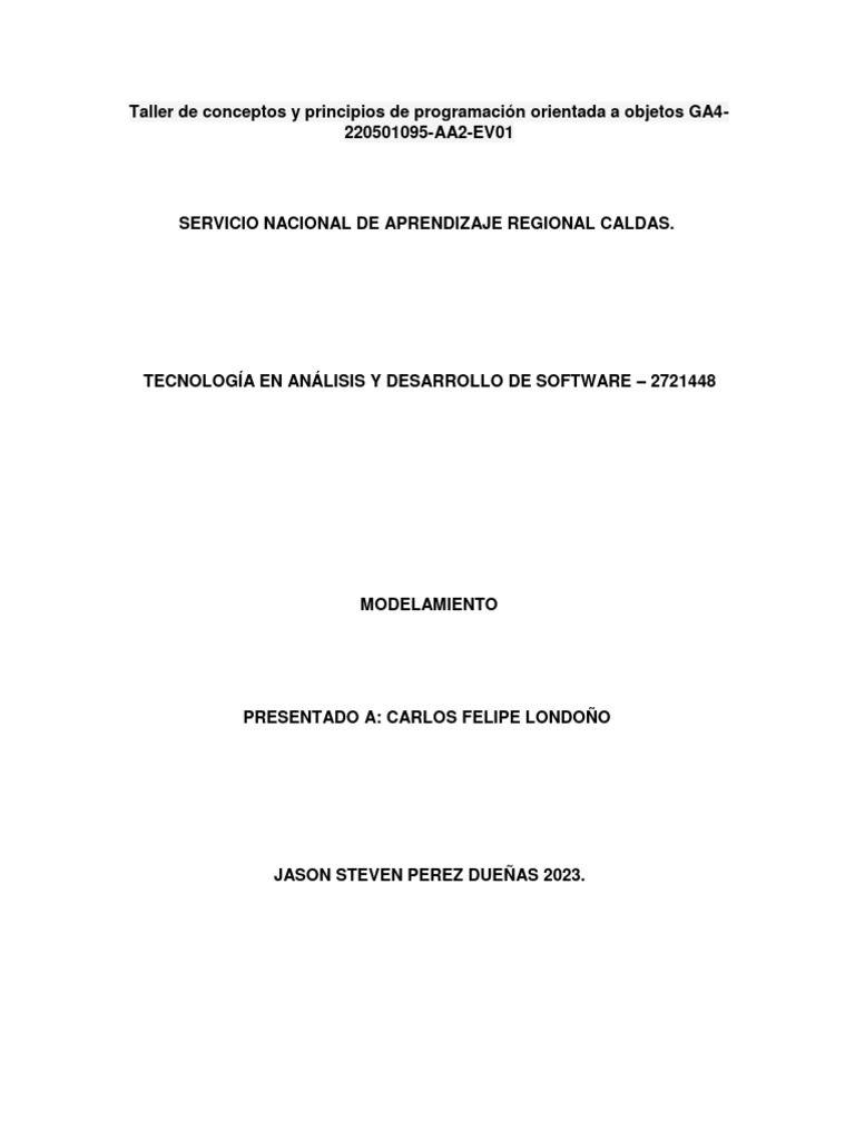 Taller De Conceptos Y Principios De Programación Orientada A Objetos Ga4 Pdf Objeto
