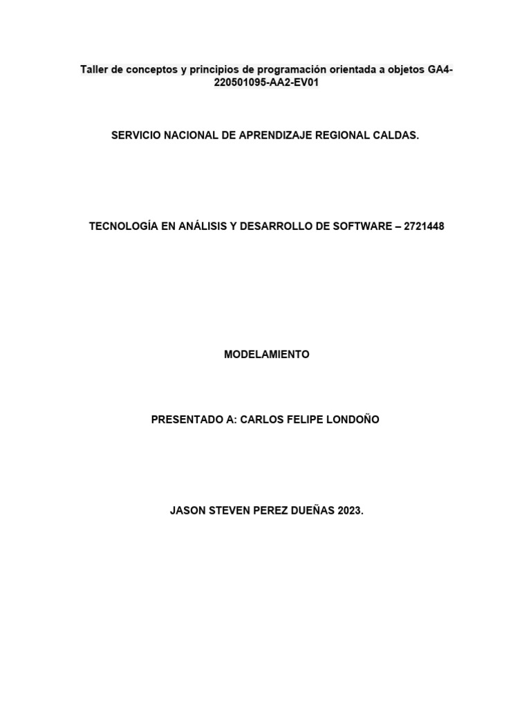 Taller De Conceptos Y Principios De Programación Orientada A Objetos Ga4 Pdf Objeto