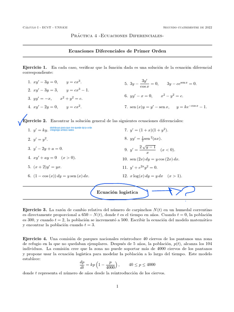 PR Actica 4 - Ecuaciones Diferenciales-: C Alculo I - Ecyt - Unsam Segundo Cuatrimestre de 2022 ...