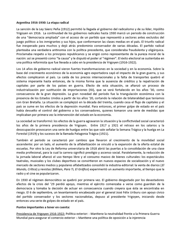 Argentina 1916 - 1930 - 1943 | PDF | Gran depresion | Conservatismo